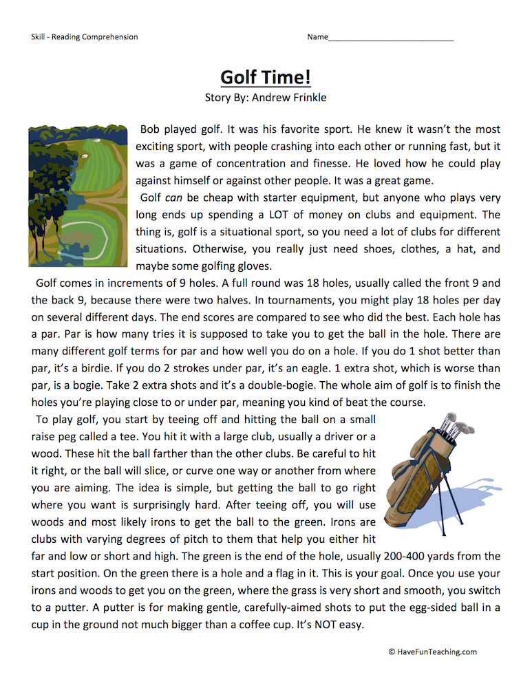 Golf Time Reading Comprehension Worksheet by Teach Simple