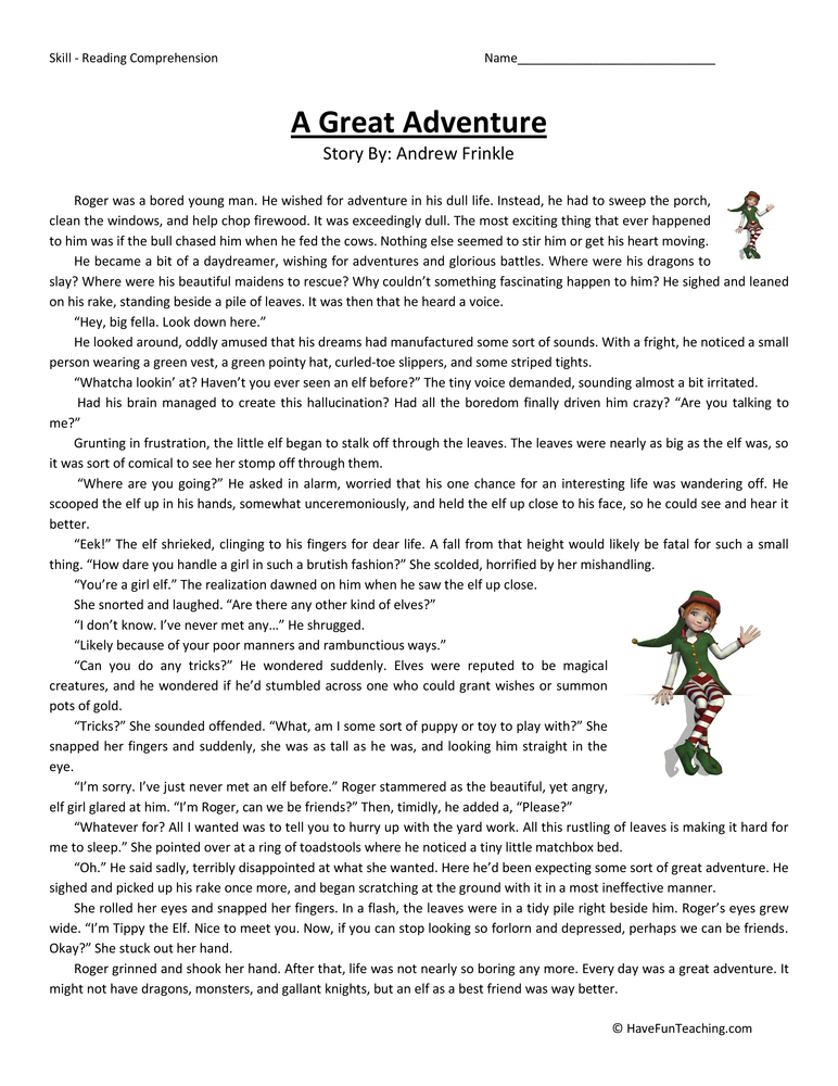 Great Adventure - Reading Comprehension Worksheet by Teach Simple