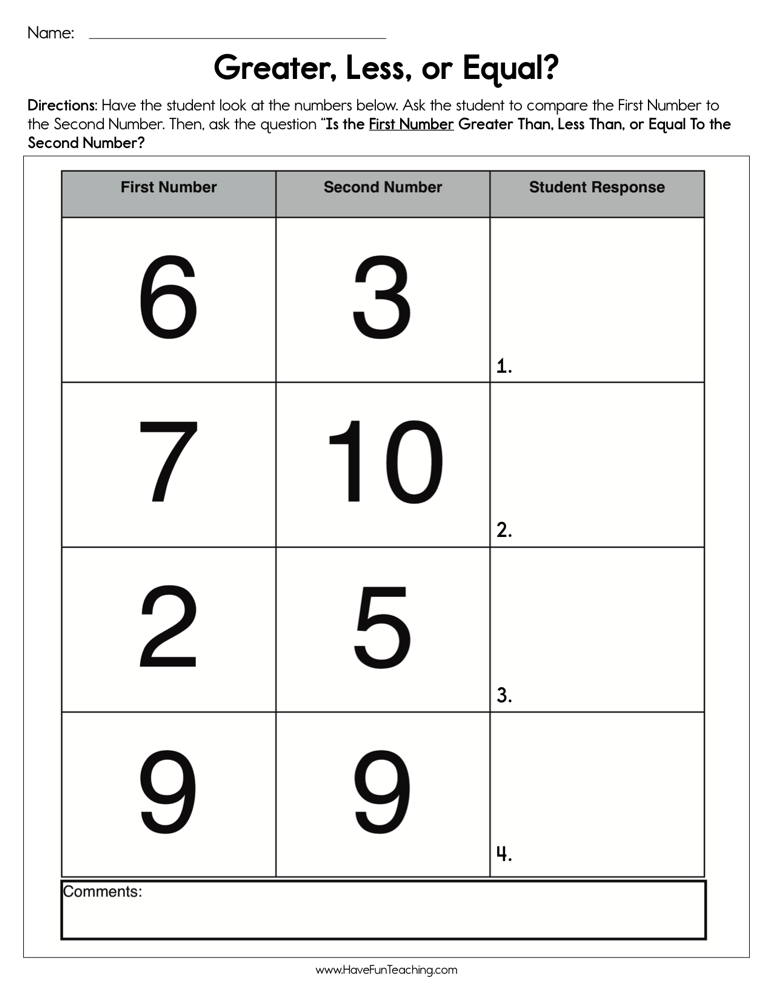 Greater Less or Equal Worksheet by Teach Simple