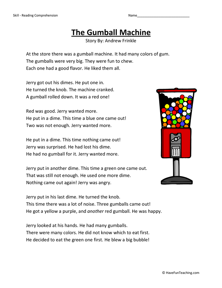 Gumball Machine - Reading Comprehension Worksheet by Teach Simple