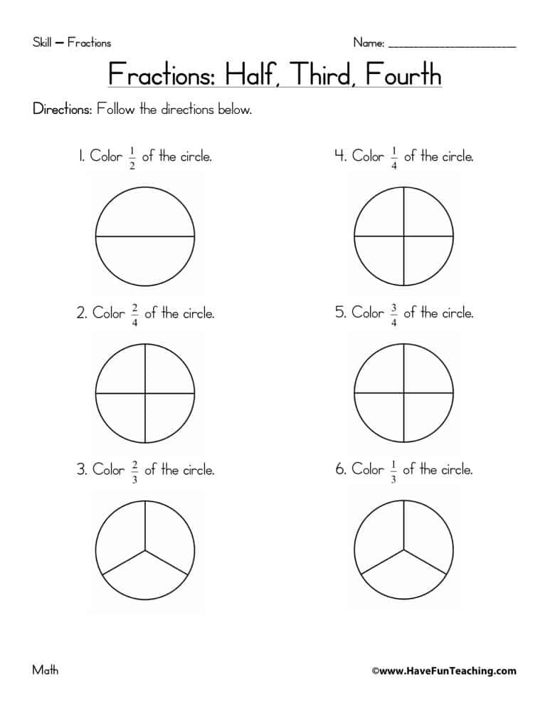 Halves Thirds Fourths Fractions Worksheet By Teach Simple