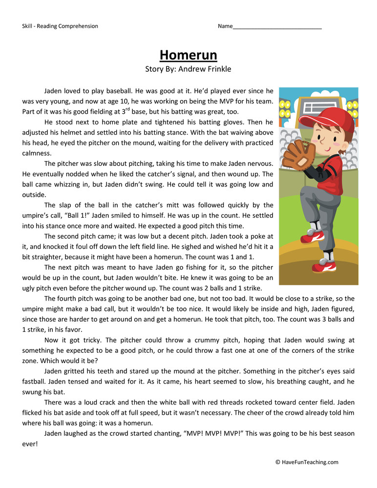 Homerun Reading Comprehension Worksheet by Teach Simple
