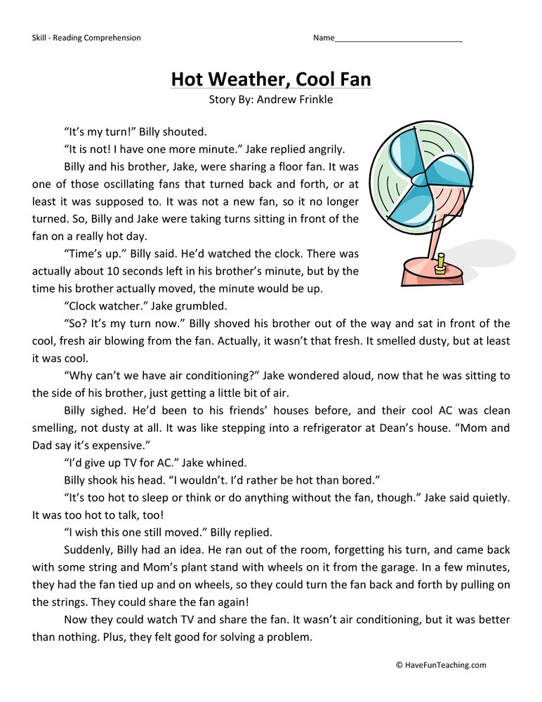 Hot Weather, Cool Fan Reading Comprehension Worksheet by Teach Simple