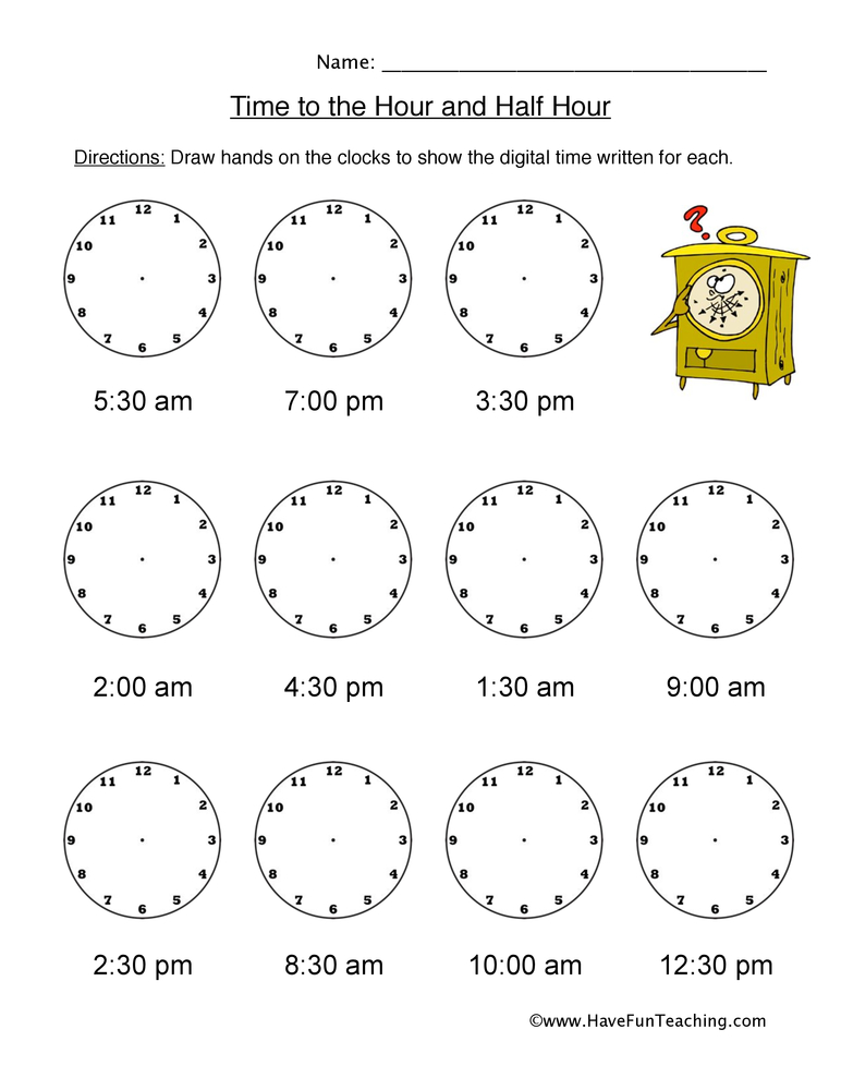 Hour Half Hour Time Worksheet by Teach Simple