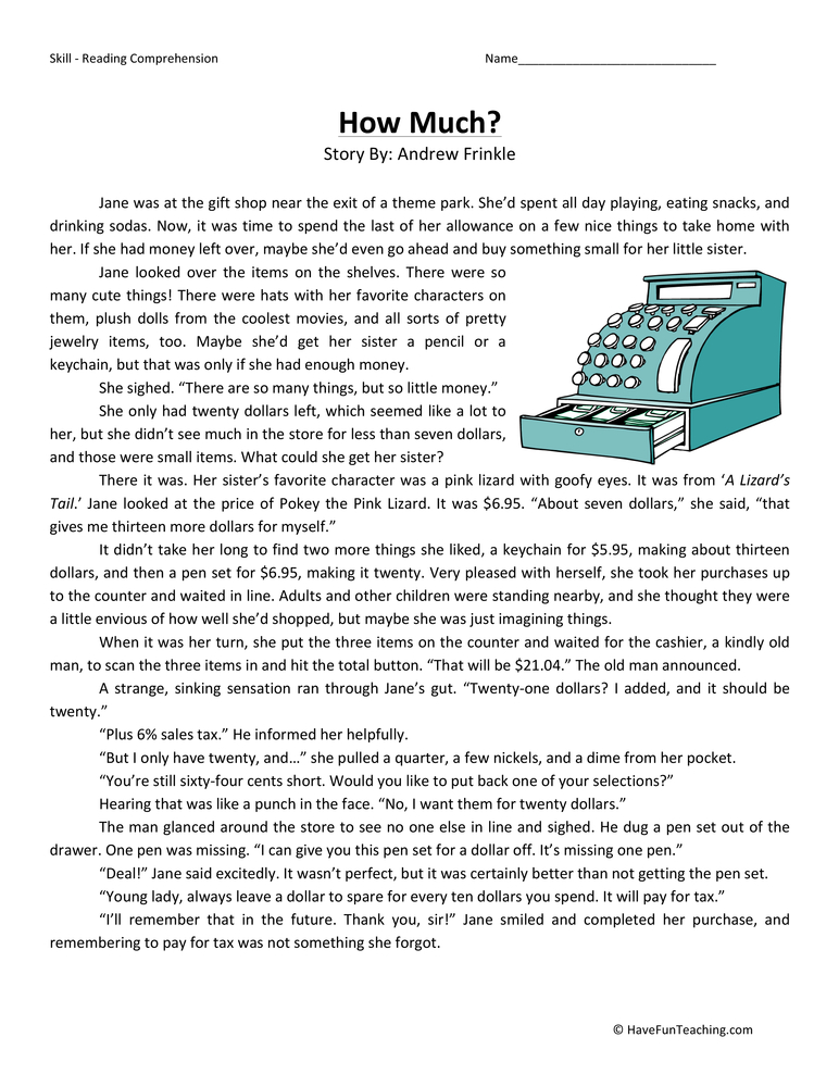 How Much? Reading Comprehension Worksheet by Teach Simple