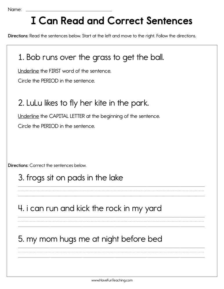 I Can Read and Correct Sentences Worksheet by Teach Simple