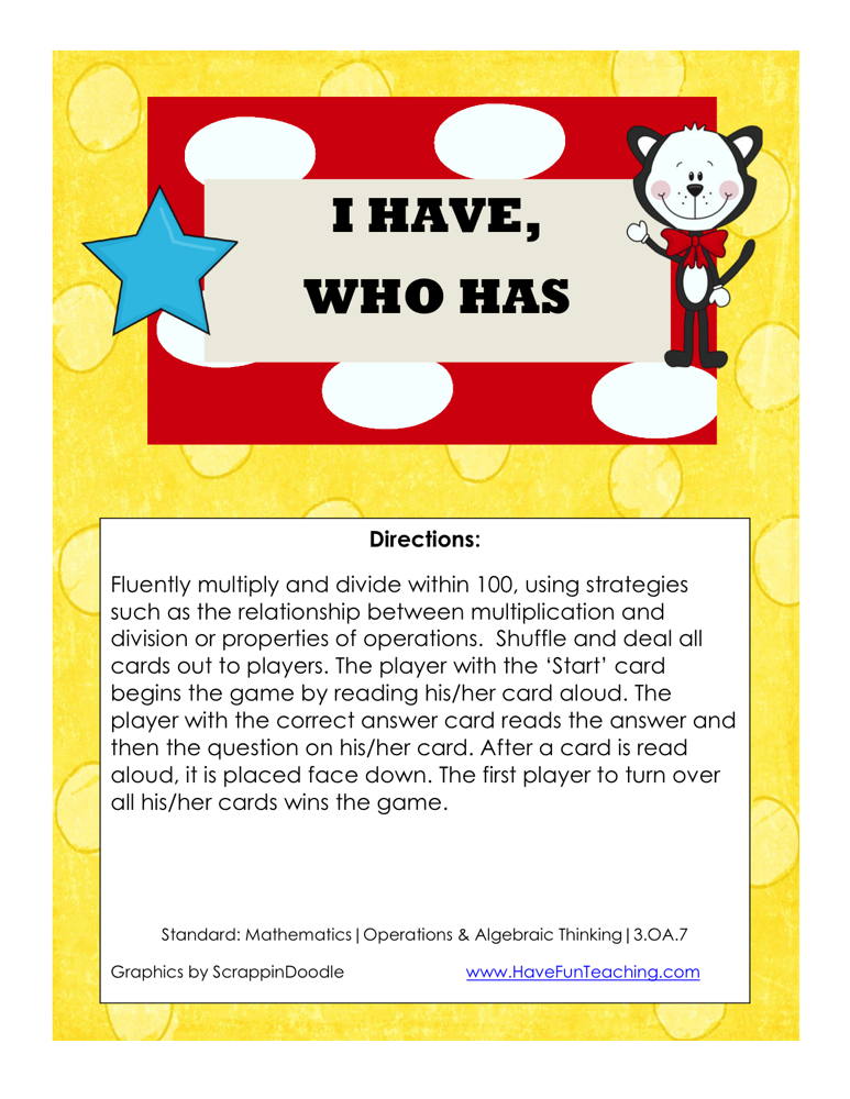 I Have Who Has Multiply Divide Within 100 Activity by Teach Simple