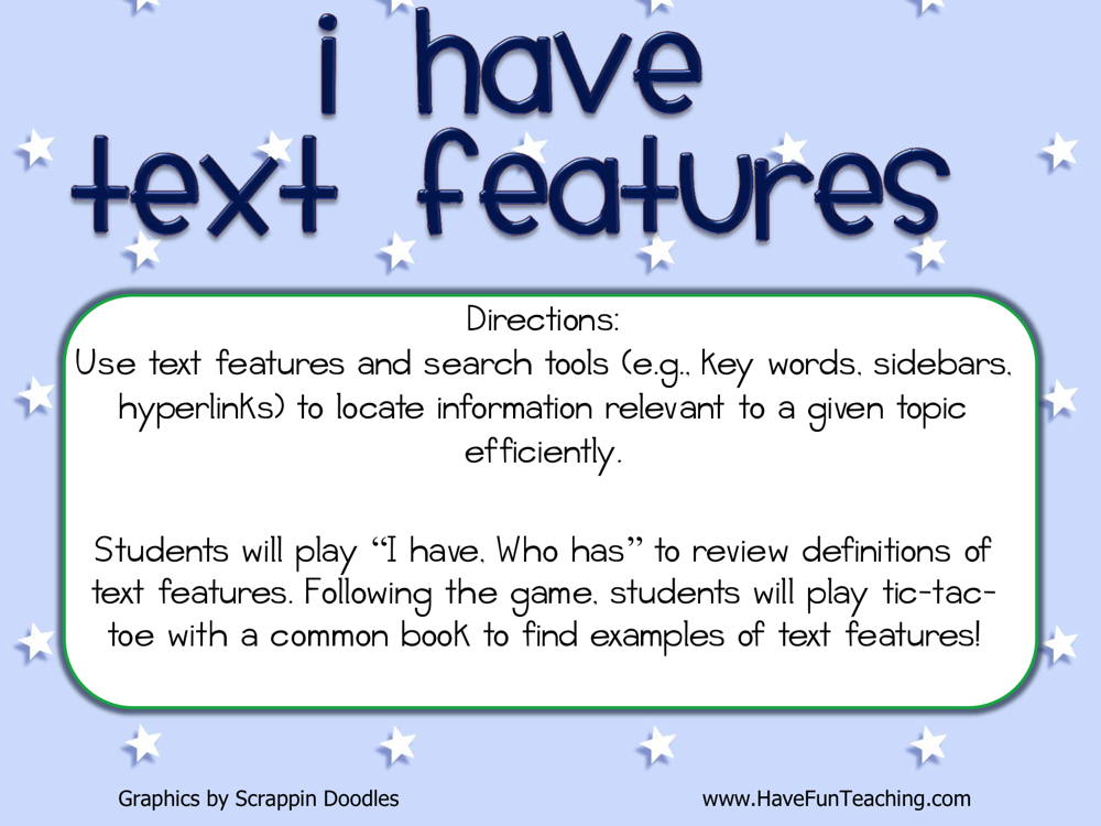 I Have Who Has Text Features Activity by Teach Simple