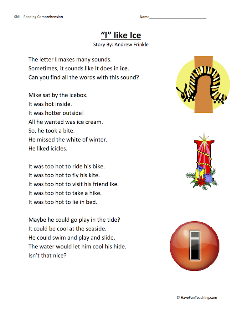I Like Ice Reading Comprehension Worksheet by Teach Simple