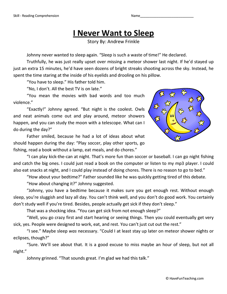 I Never Want to Sleep Reading Comprehension Worksheet by Teach Simple