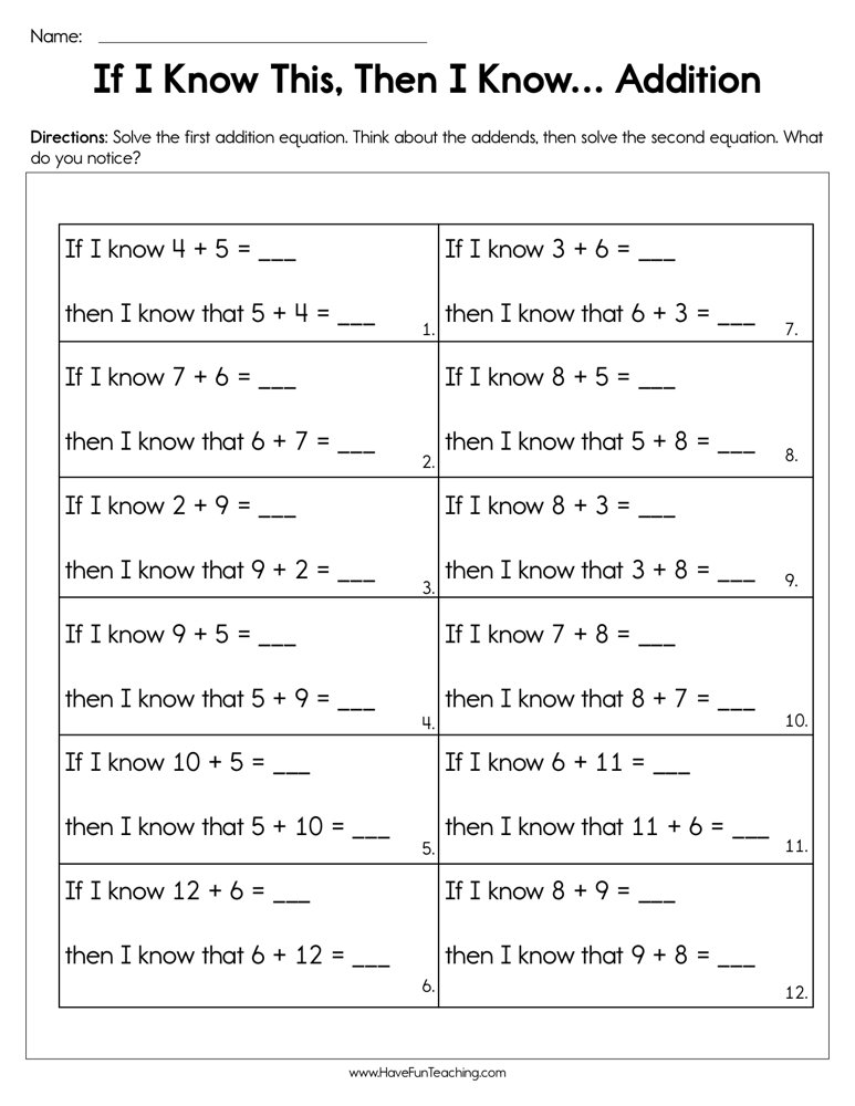 If I Know This Then I Know Addition Worksheet by Teach Simple