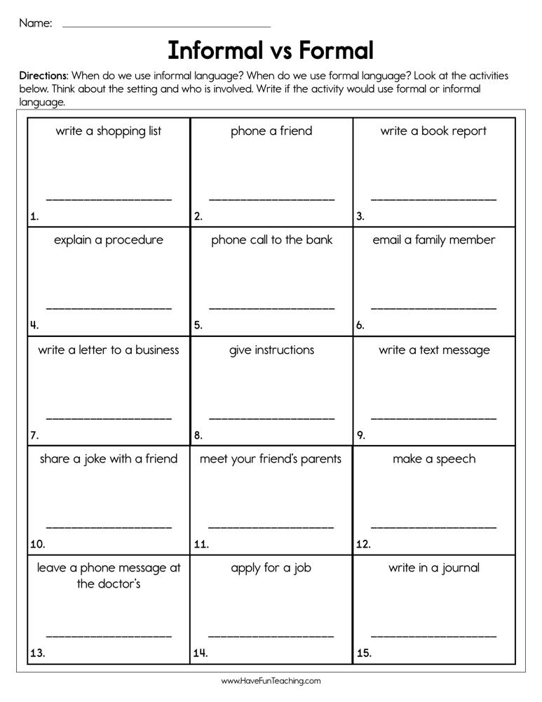 Informal Vs Formal Worksheet By Teach Simple