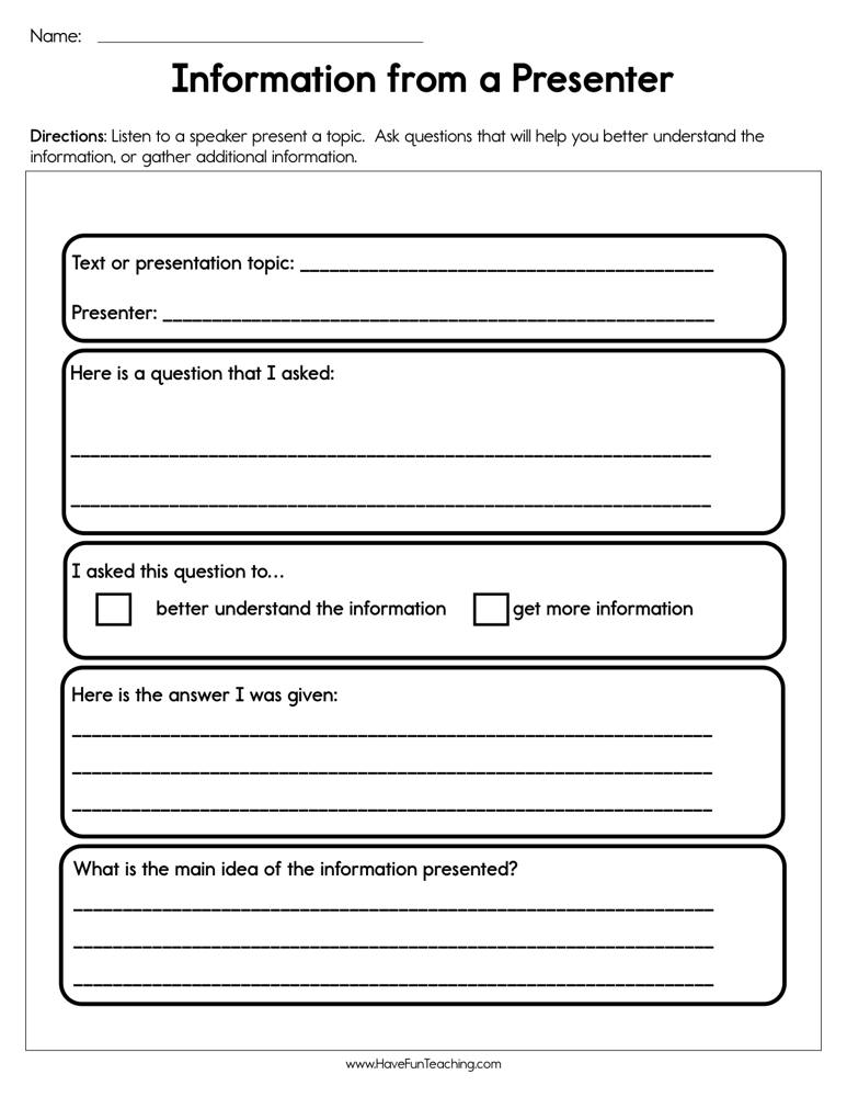 Information From a Presenter Worksheet by Teach Simple