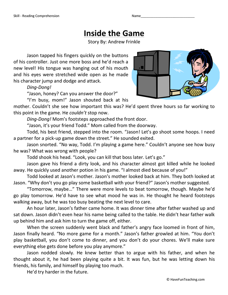 Inside the Game Reading Comprehension Worksheet by Teach Simple