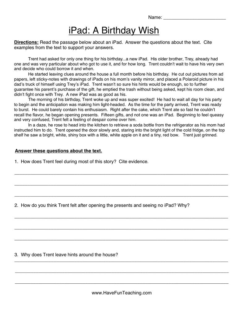 iPad A Birthday Wish Reading Comprehension Worksheet by Teach Simple