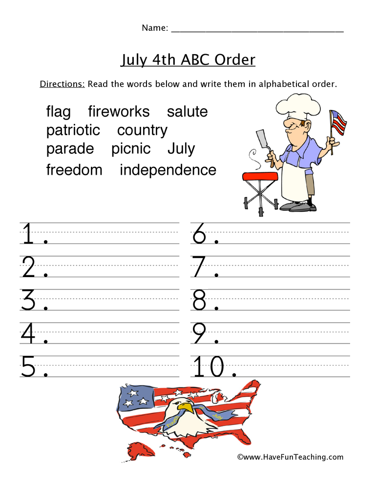 July 4th ABC Order Worksheet by Teach Simple