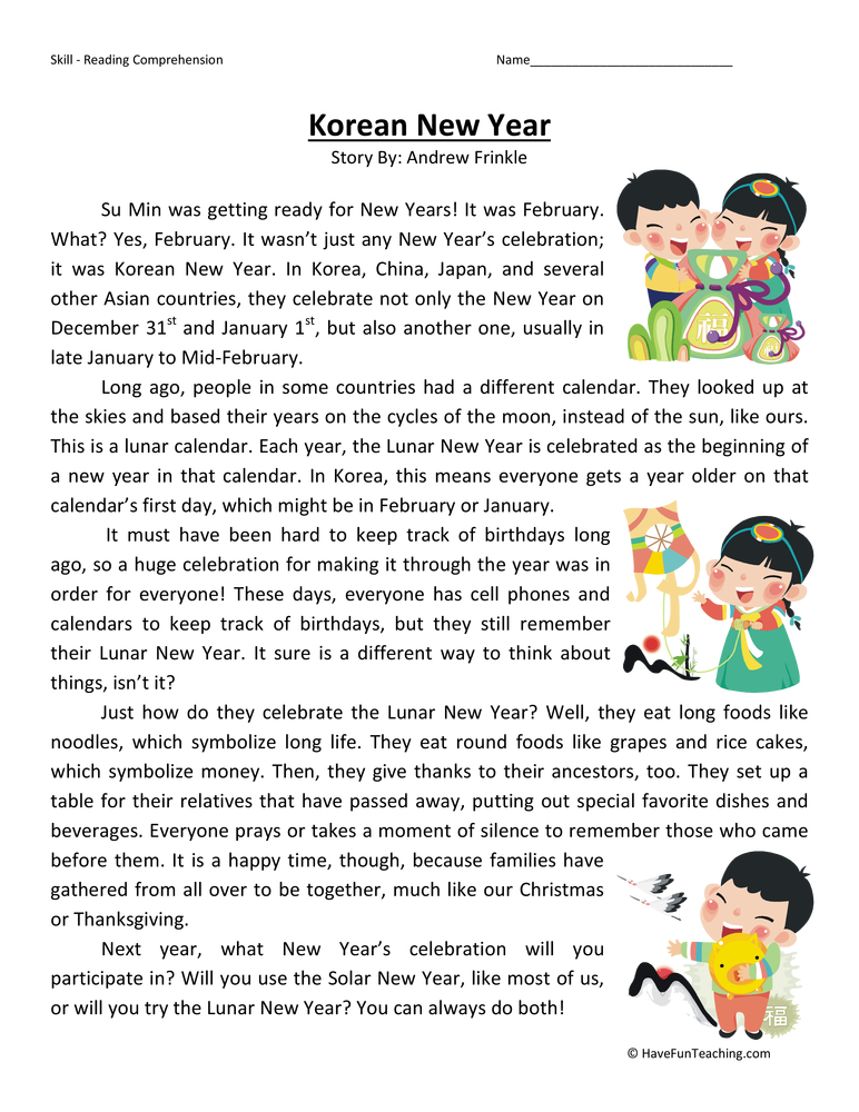 Korean New Year Reading Comprehension Worksheet by Teach Simple