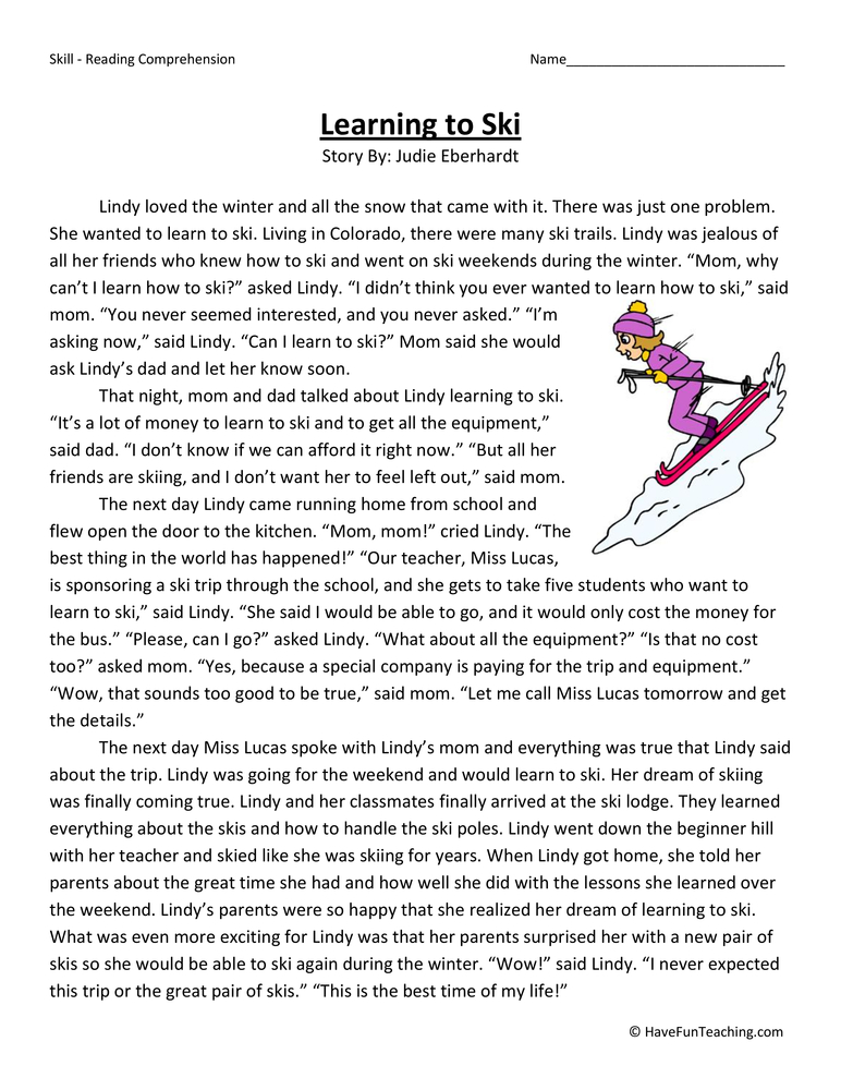 Learning to Ski Reading Comprehension Worksheet by Teach Simple