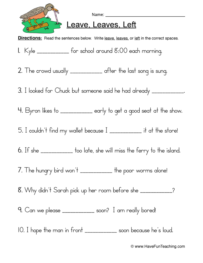 Leave Leaves Left Fill in the Blank Worksheet by Teach Simple