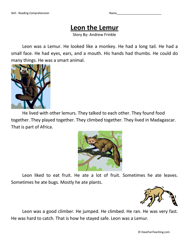 Leon the Lemur Reading Comprehension Worksheet by Teach Simple