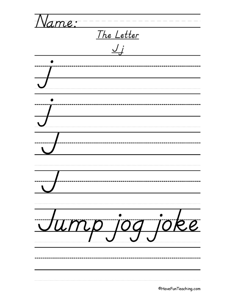 Letter J D'Nealian Style Handwriting Practice Worksheet by Teach Simple