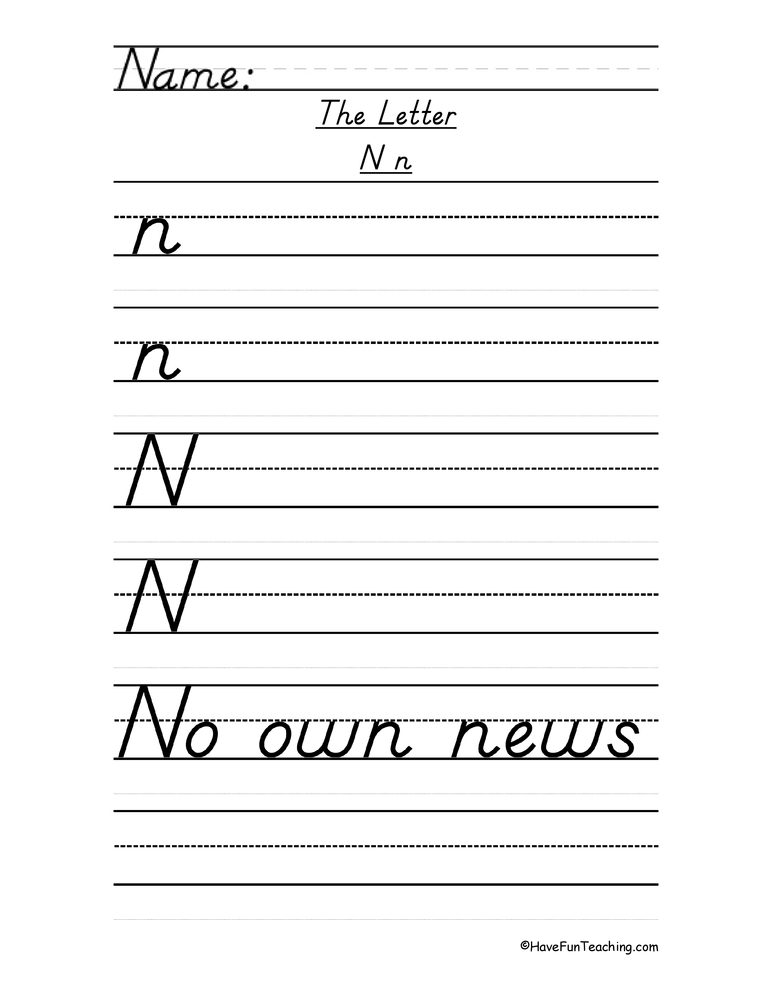 Letter N D'Nealian Style Handwriting Practice Worksheet by Teach Simple