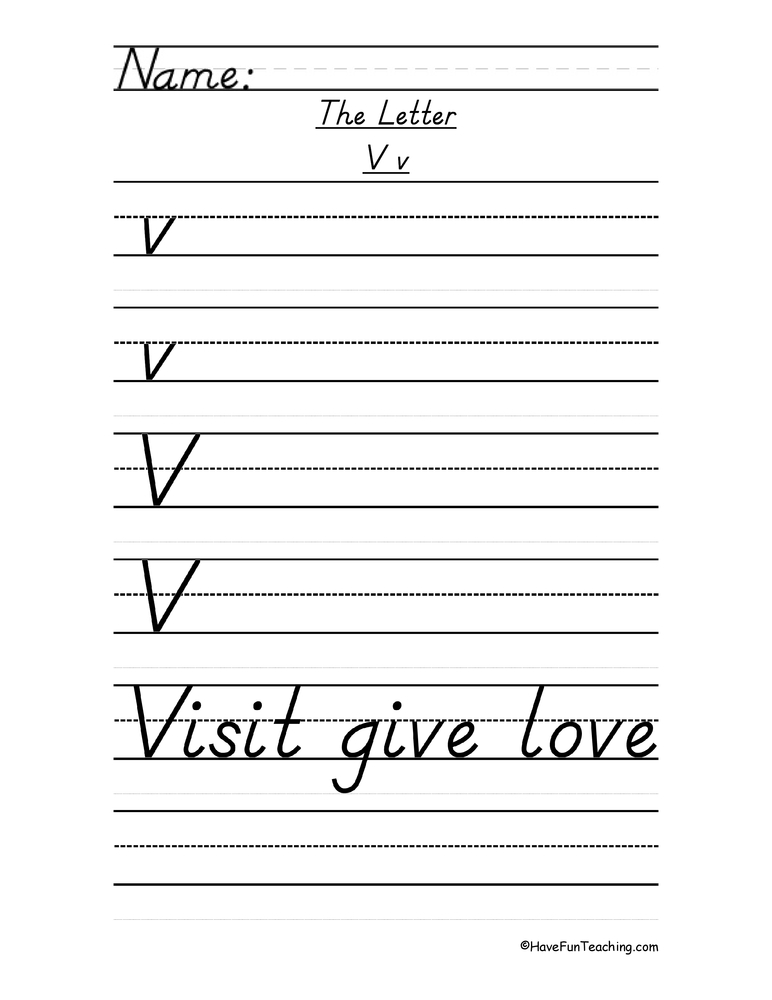Letter V D'Nealian Style Handwriting Practice Worksheet by Teach Simple