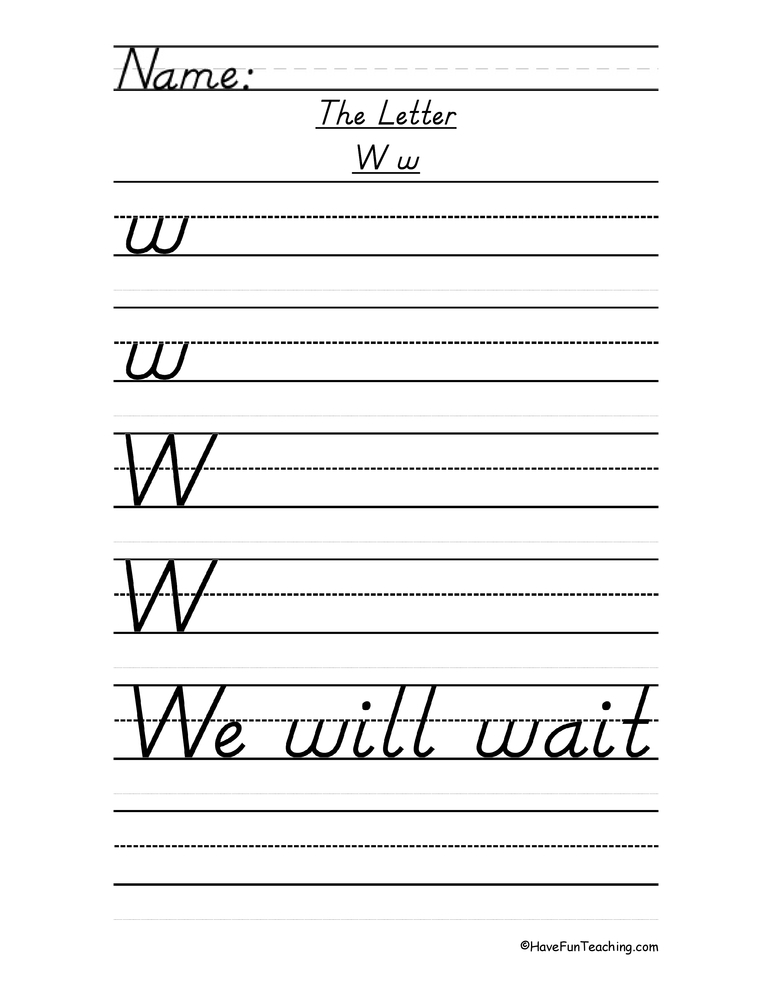 Letter W D'Nealian Style Handwriting Practice Worksheet by Teach Simple