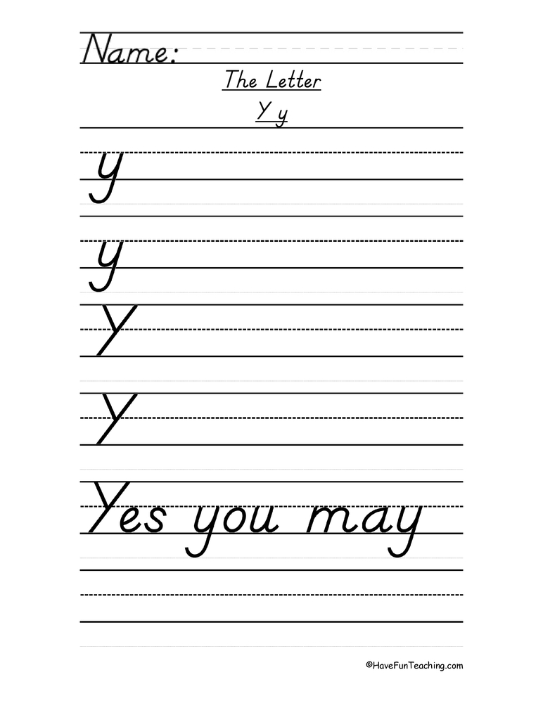Letter Y D'Nealian Style Handwriting Practice Worksheet by Teach Simple