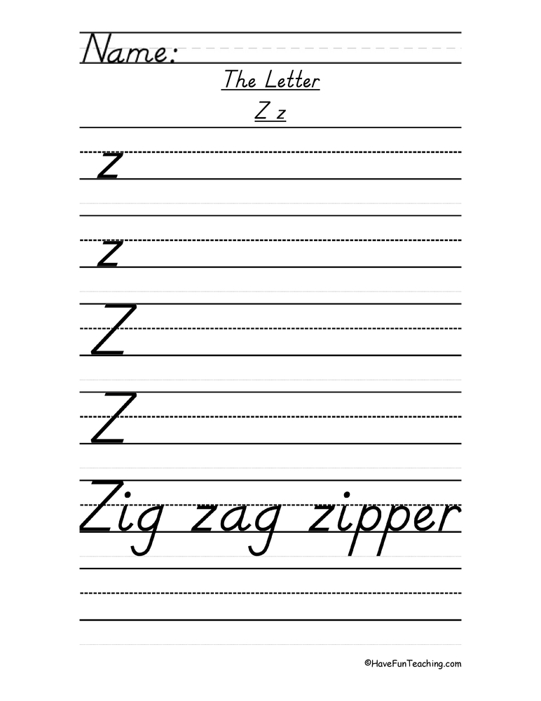 Letter Z D'Nealian Style Handwriting Practice Worksheet by Teach Simple