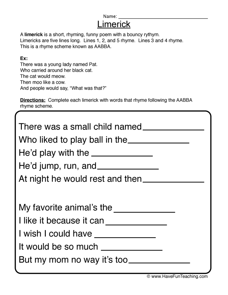 Limerick Fill In The Blank Worksheet By Teach Simple