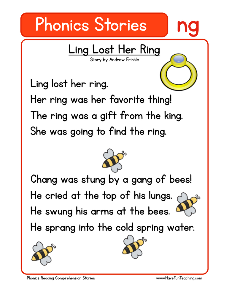 Ling Lost Her Ring NG Phonics Stories Reading Comprehension Worksheet