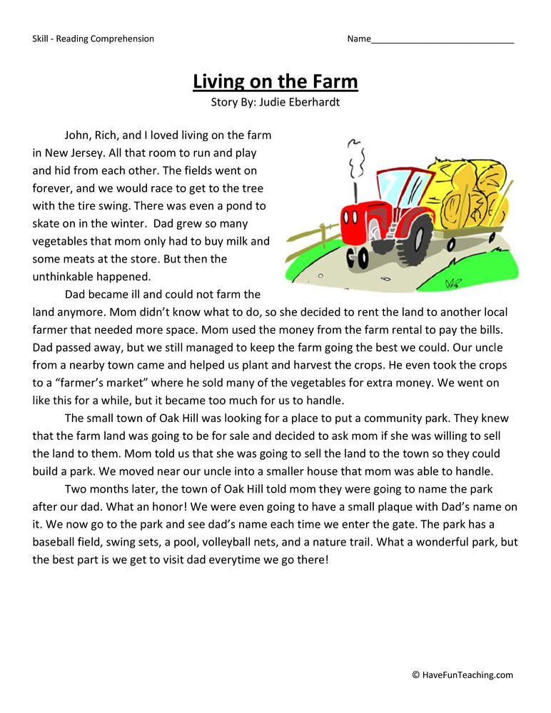 Living On the Farm Reading Comprehension Worksheet by Teach Simple