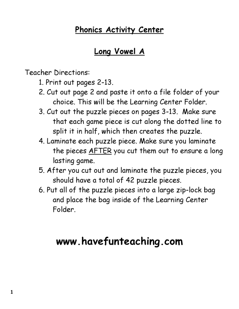 Long Vowel A Puzzle by Teach Simple