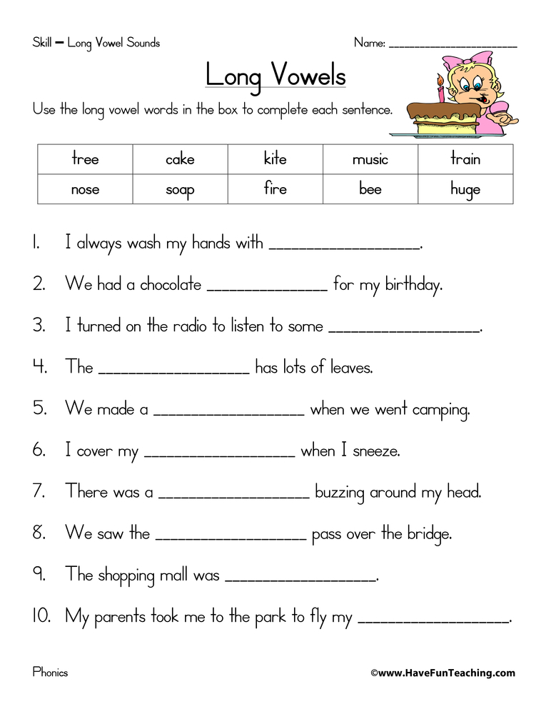 Long Vowels Fill in the Blank Worksheet by Teach Simple
