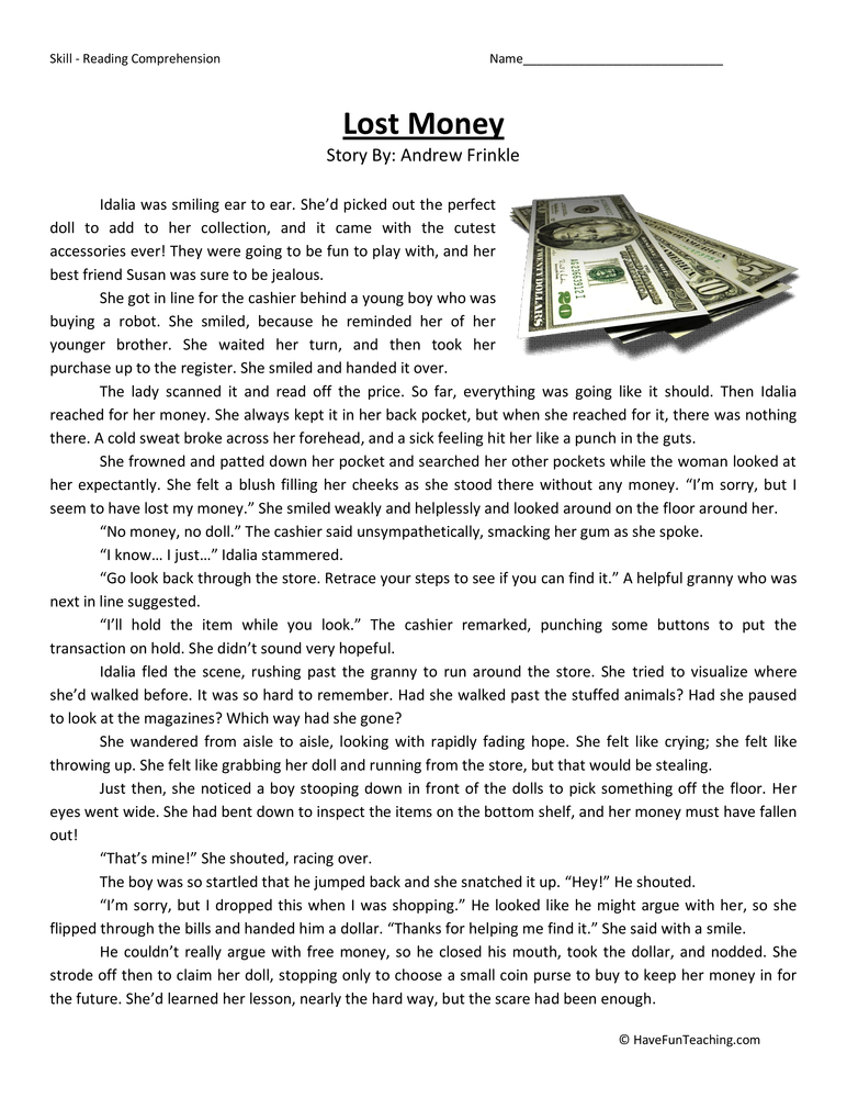 Lost Money Reading Comprehension Worksheet by Teach Simple