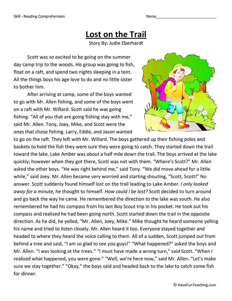 Lost on the Trail Reading Comprehension Worksheet by Teach Simple