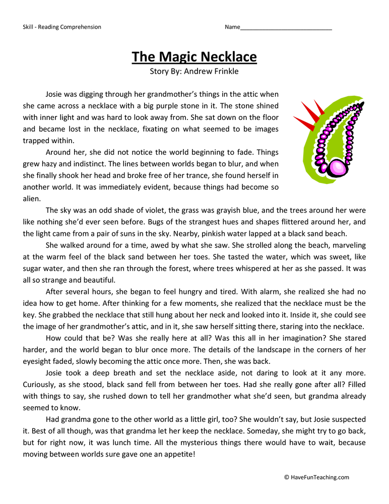 Magic Necklace Reading Comprehension Worksheet by Teach Simple