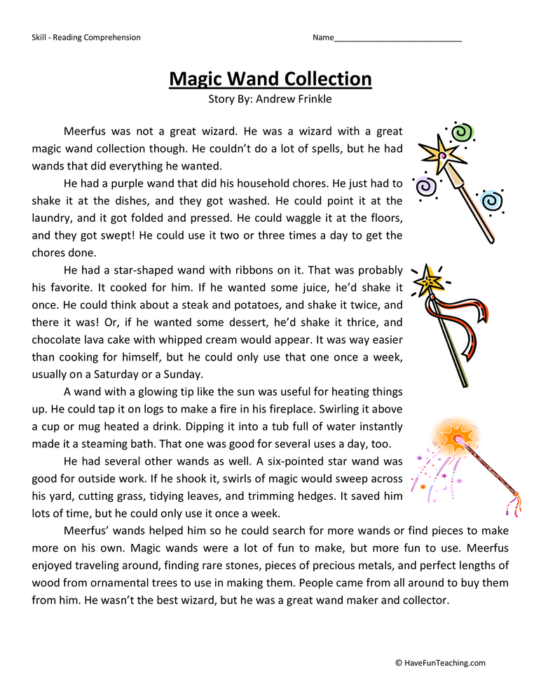Magic Wand Collection Reading Comprehension Worksheet by Teach Simple