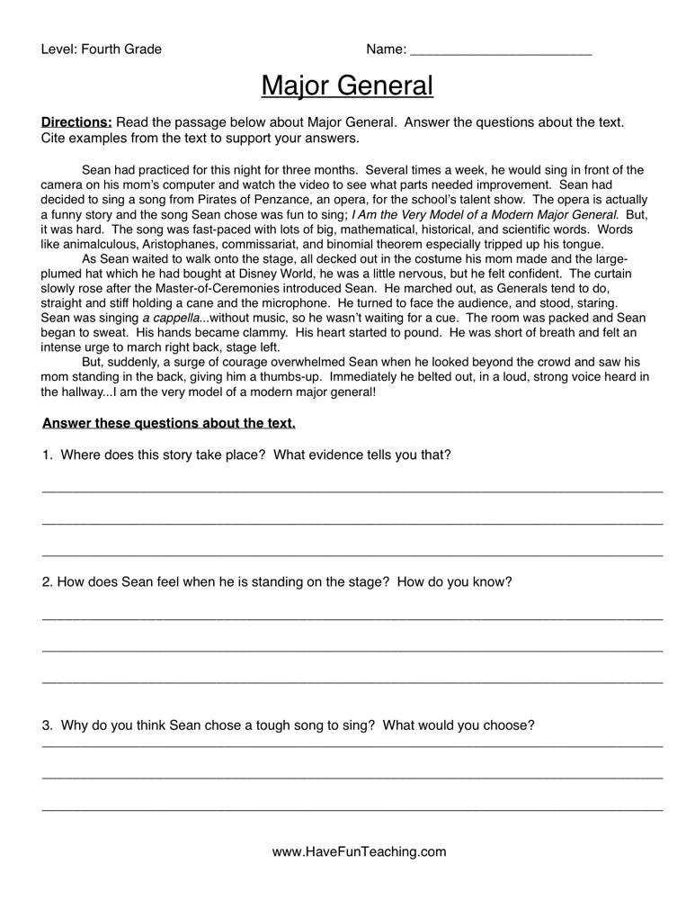 Major General Reading Comprehension Worksheet by Teach Simple