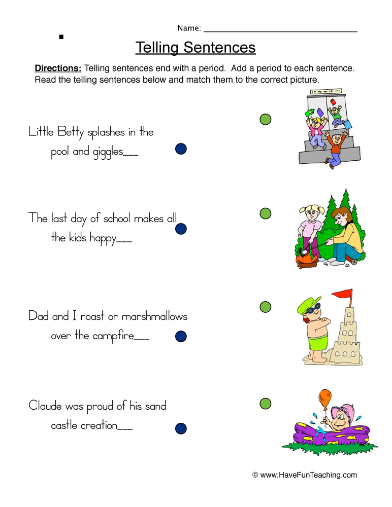 Matching Telling Sentences Worksheet by Teach Simple