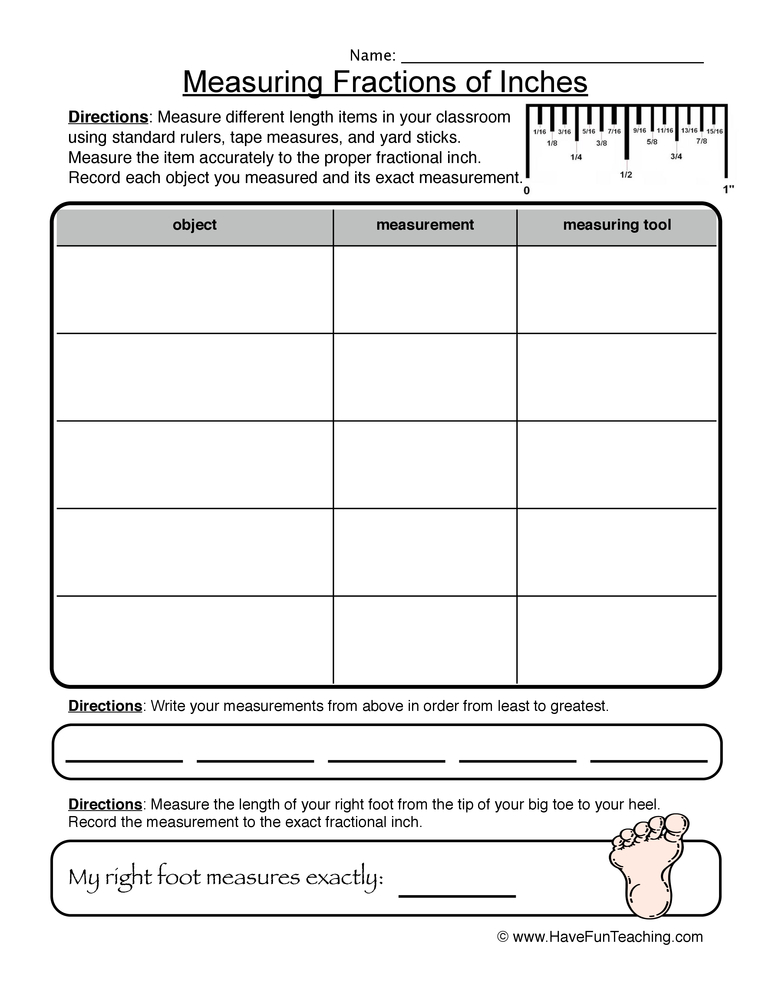 Measuring to the Fractions of Inches Worksheet by Teach Simple