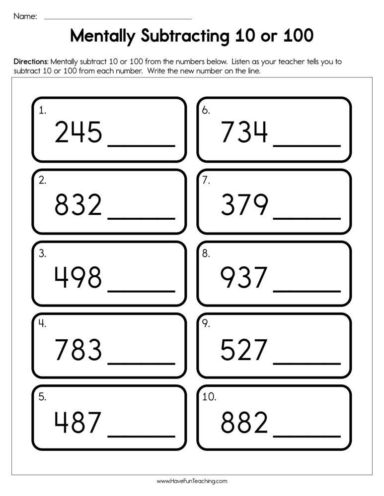 Mentally Subtracting 10 or 100 Worksheet by Teach Simple Mentally Subtracting 10 or 100 Worksheet by Teach Simple