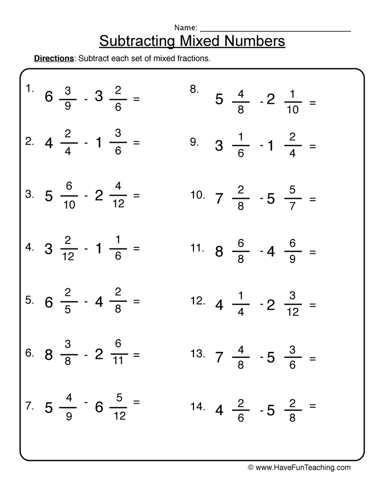 Mixed Numbers Subtraction Worksheet By Teach Simple