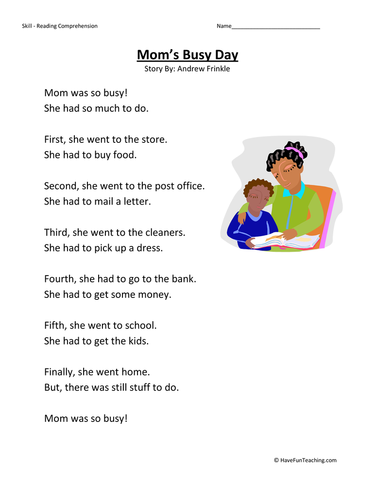 Mom's Busy Day Reading Comprehension Worksheet by Teach Simple