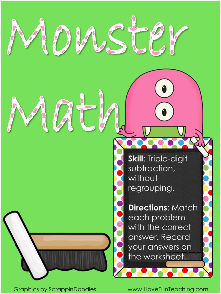 Monster Math Triple Digit Subtraction Activity by Teach Simple