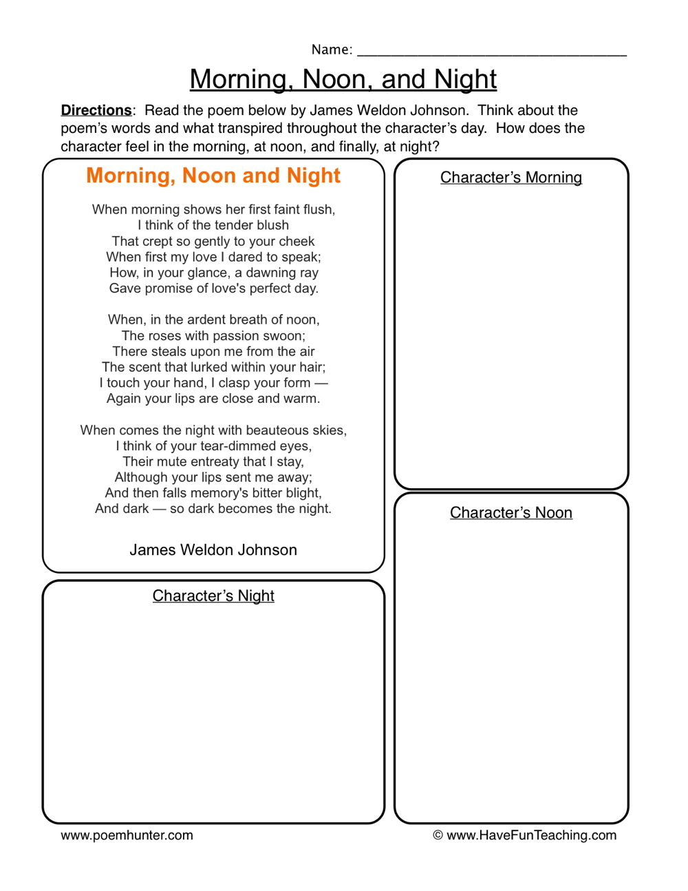 Morning, Noon, or Night Poem Worksheet by Teach Simple