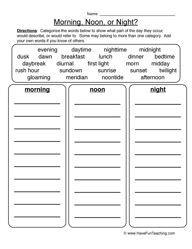 Morning Noon Or Night Sort Worksheet By Teach Simple Morning Noon Or Night Sort Worksheet By Teach Simple