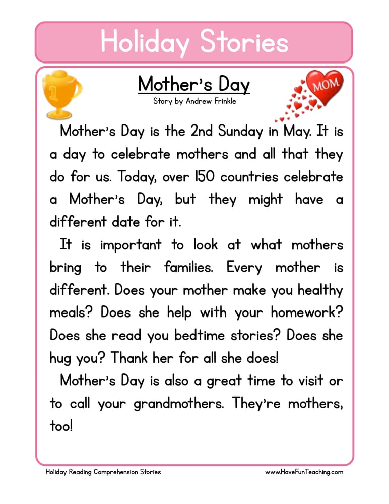 Mothers Day Reading Comprehension Worksheet by Teach Simple