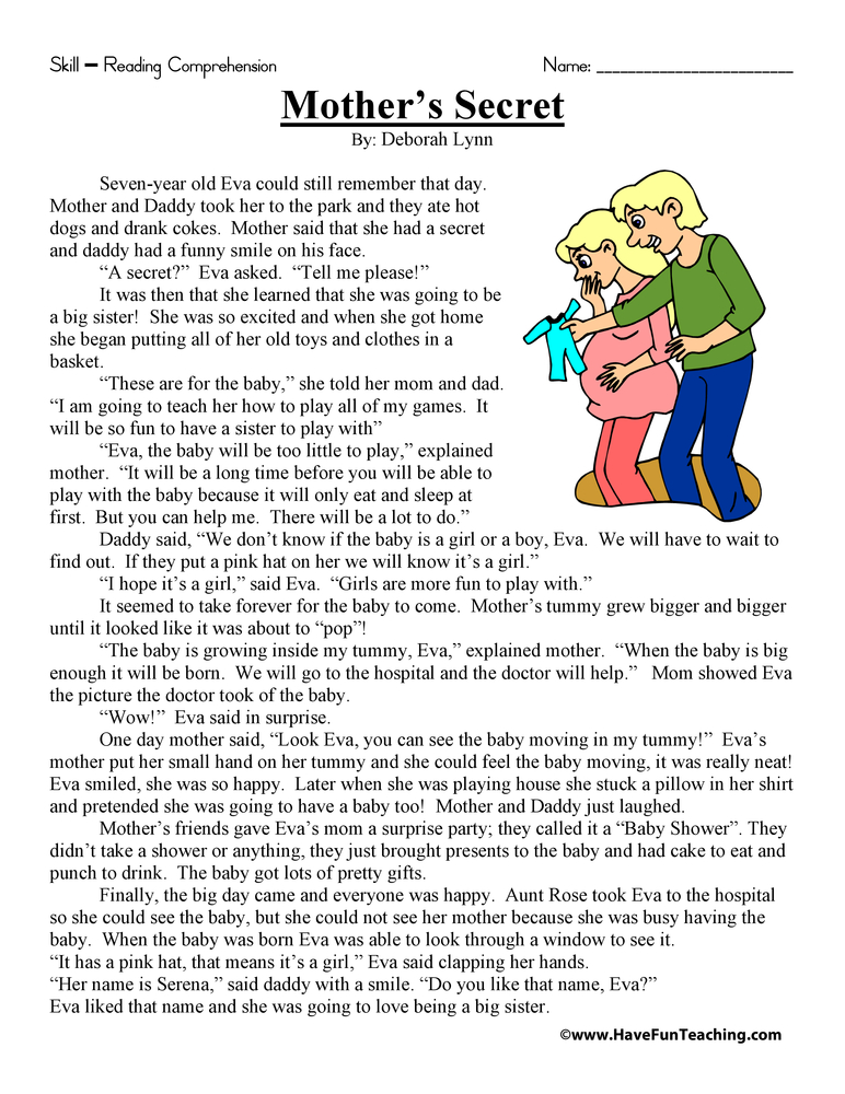 Mother's Secret Reading Comprehension Worksheet by Teach Simple